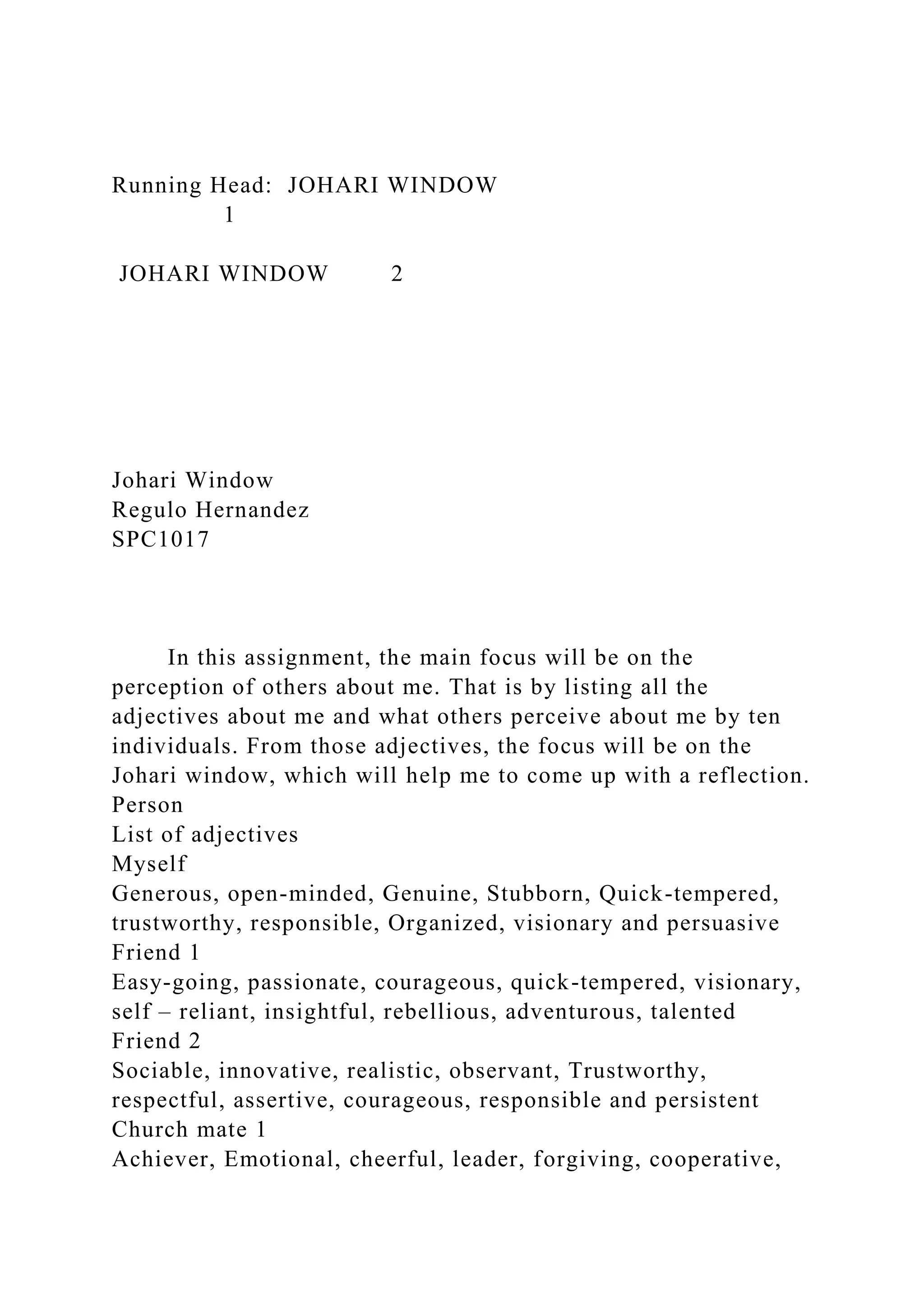 Running Head JOHARI WINDOW1 JOHARI WINDOW2.docx