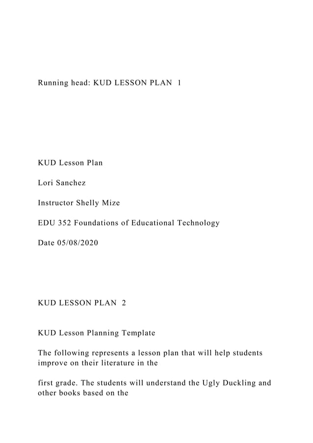 Running head KUD LESSON PLAN 1 KUD Lesson P.docx | Educational Assessment | Education