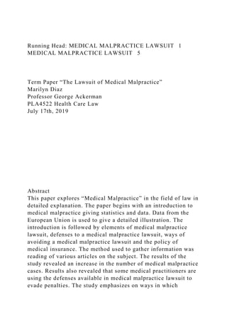 Running Head MEDICAL MALPRACTICE LAWSUIT1 MEDICAL MALPRACTICE .docx