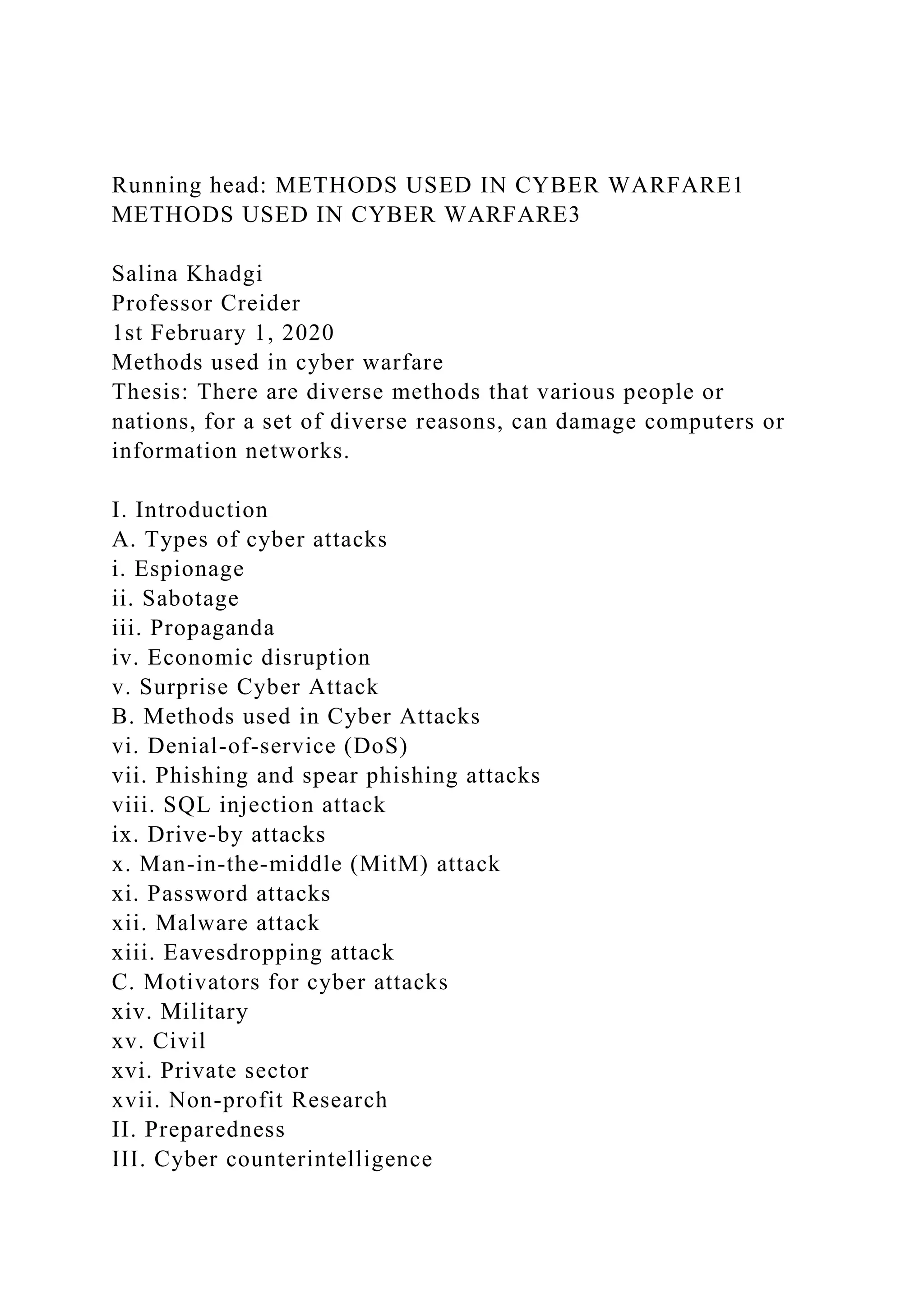 Running head METHODS USED IN CYBER WARFARE1METHODS USED IN CYB.docx