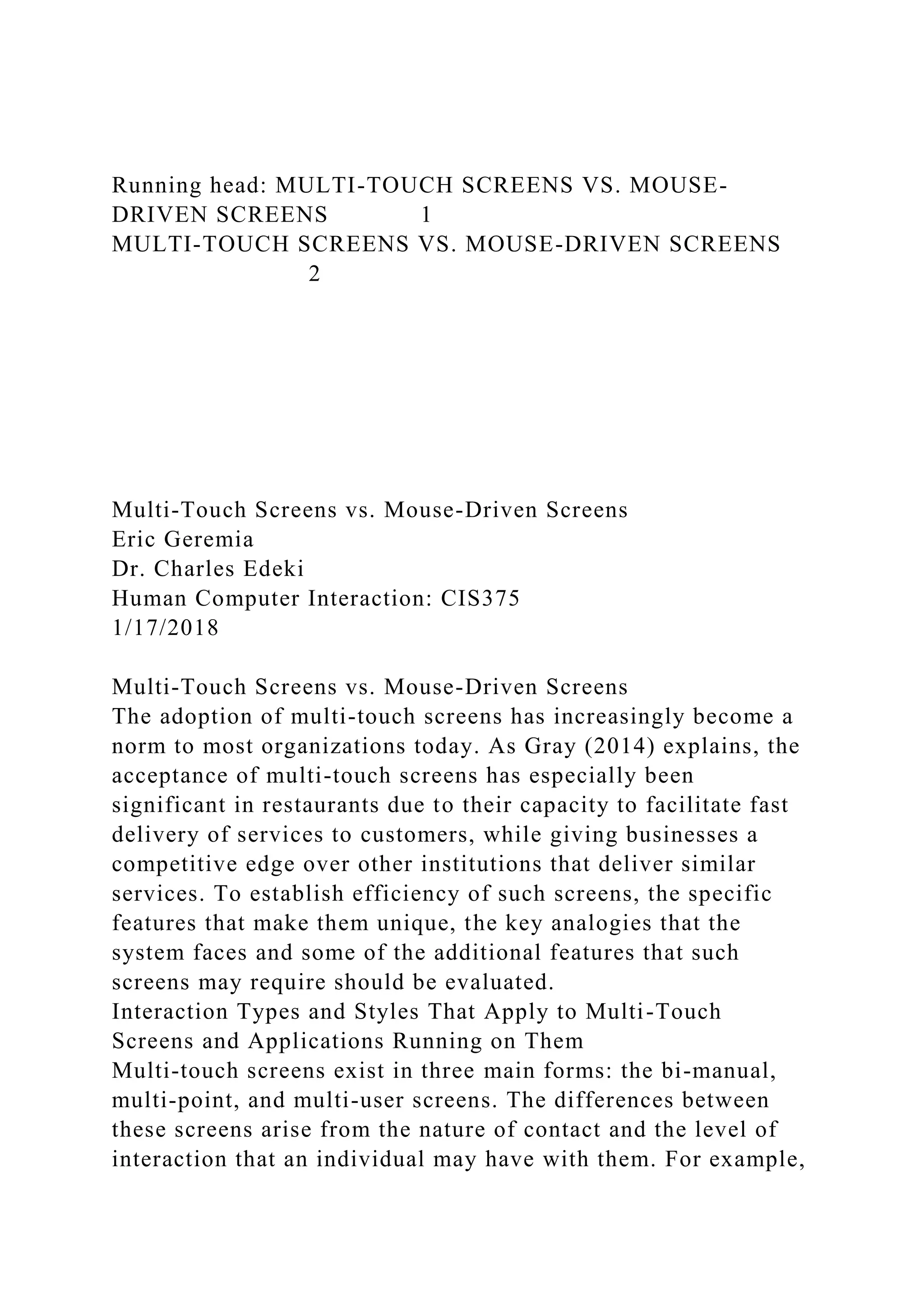 Running head MULTI-TOUCH SCREENS VS. MOUSE-DRIVEN SCREENS 1.docx