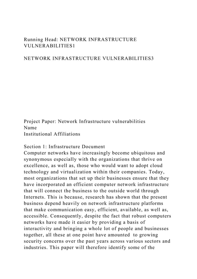 Running Head NETWORK INFRASTRUCTURE VULNERABILITIES1NETWORK .docx | Information and Network ...