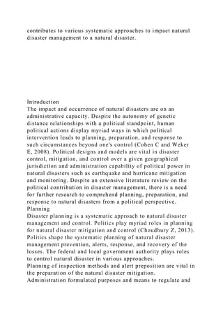 Running head POLITICAL ROLES IN NATURAL DISASTER MANAGEMENT 2.docx ...
