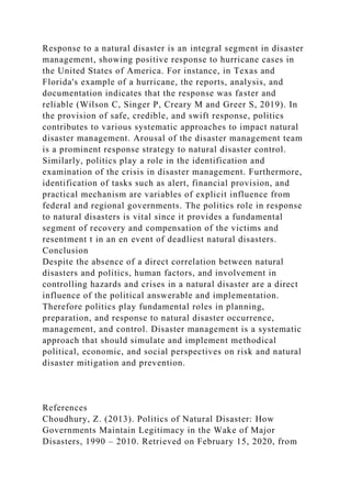 Running head POLITICAL ROLES IN NATURAL DISASTER MANAGEMENT 2.docx ...