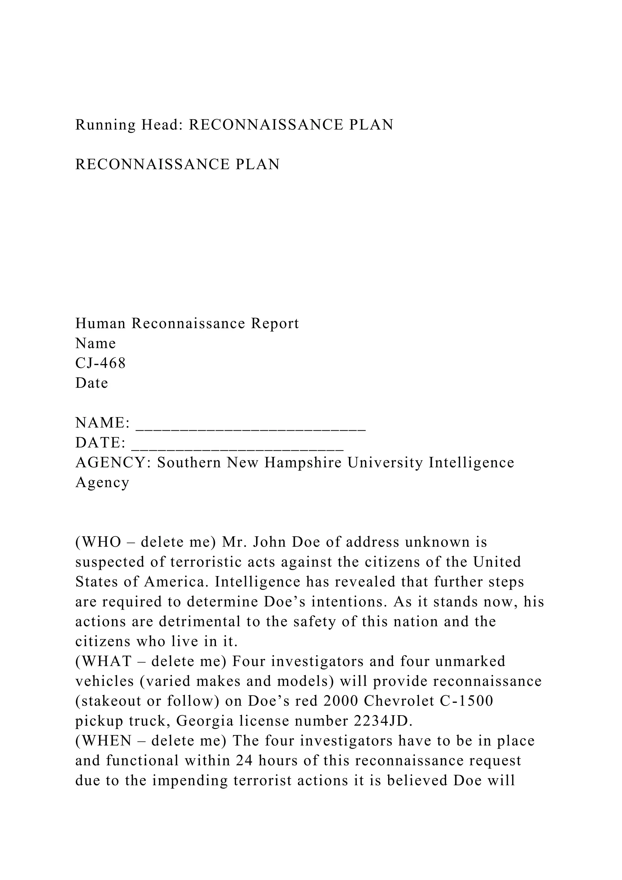 Running Head RECONNAISSANCE PLANRECONNAISSANCE PLAN.docx