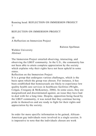 Running head REFLECTION ON IMMERSION PROJECT1REFLECTION O.docx
