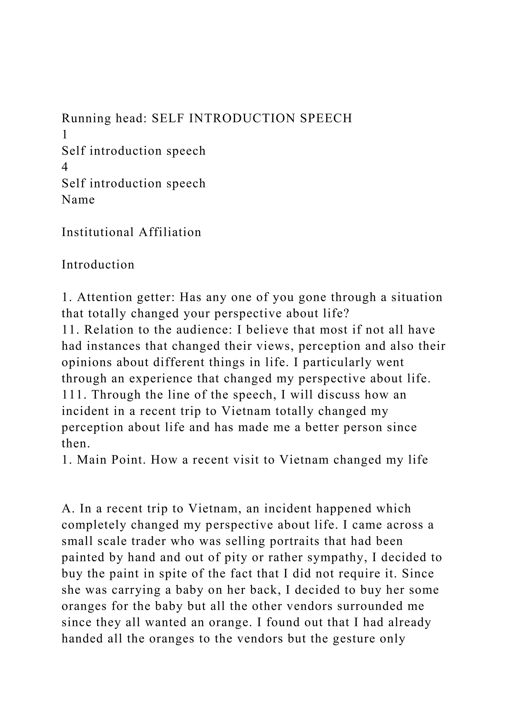 Running head SELF INTRODUCTION SPEECH .docx