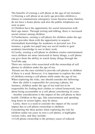 Running head SHOULD CHILDREN UNDER THE AGE OF 10 OWN CELL PHONES.docx