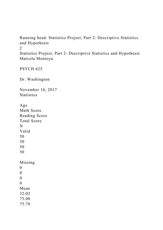 Running head Statistics Project, Part 2 Descriptive Statistics.docx