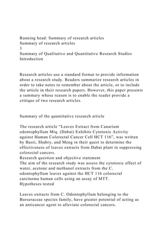 Running head Summary of research articles Summary of research.docx