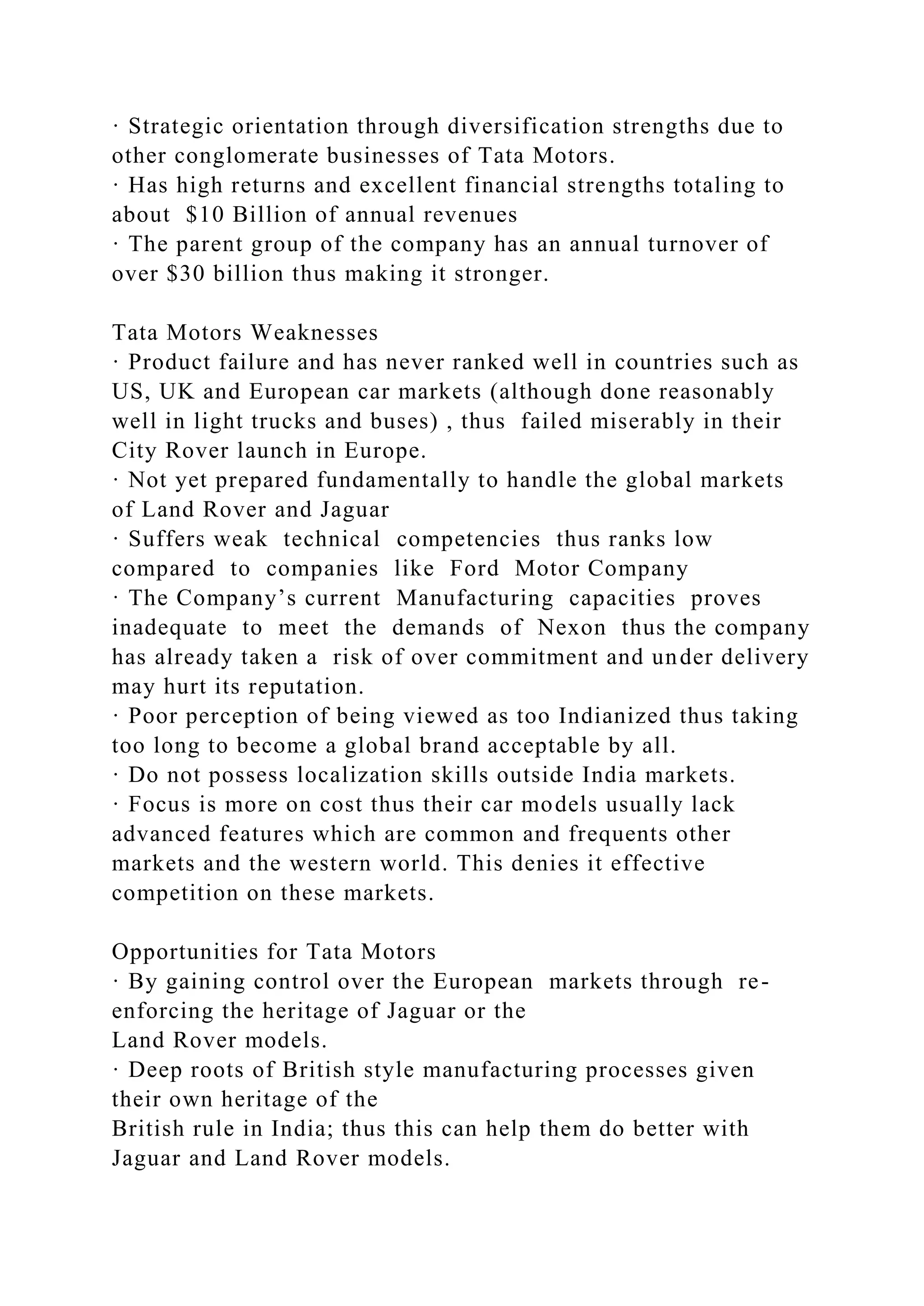 Running head SWOT ANALYSIS FOR TATA MOTORS1SWOT ANALYSIS FO.docx