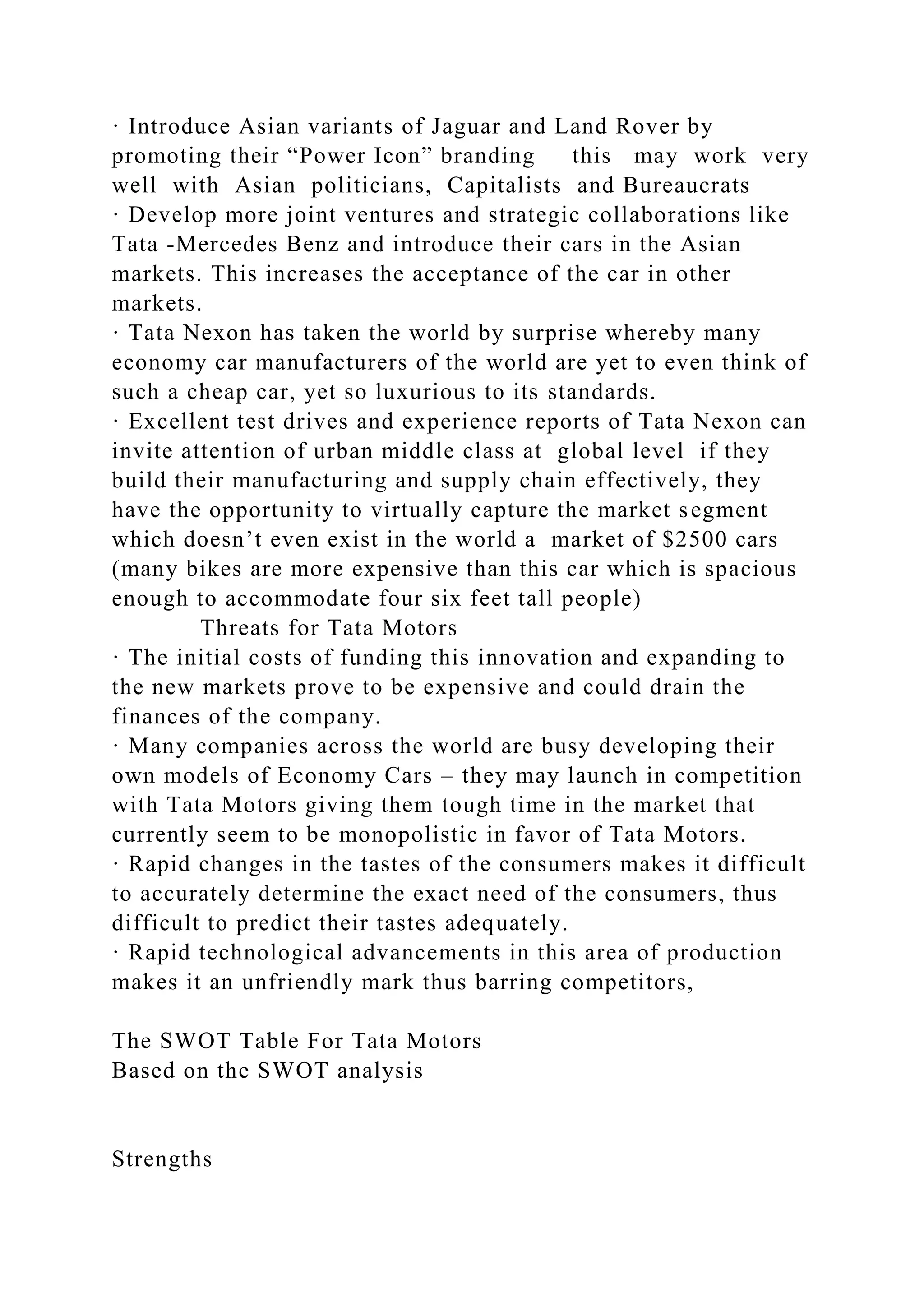 Running head SWOT ANALYSIS FOR TATA MOTORS1SWOT ANALYSIS FO.docx