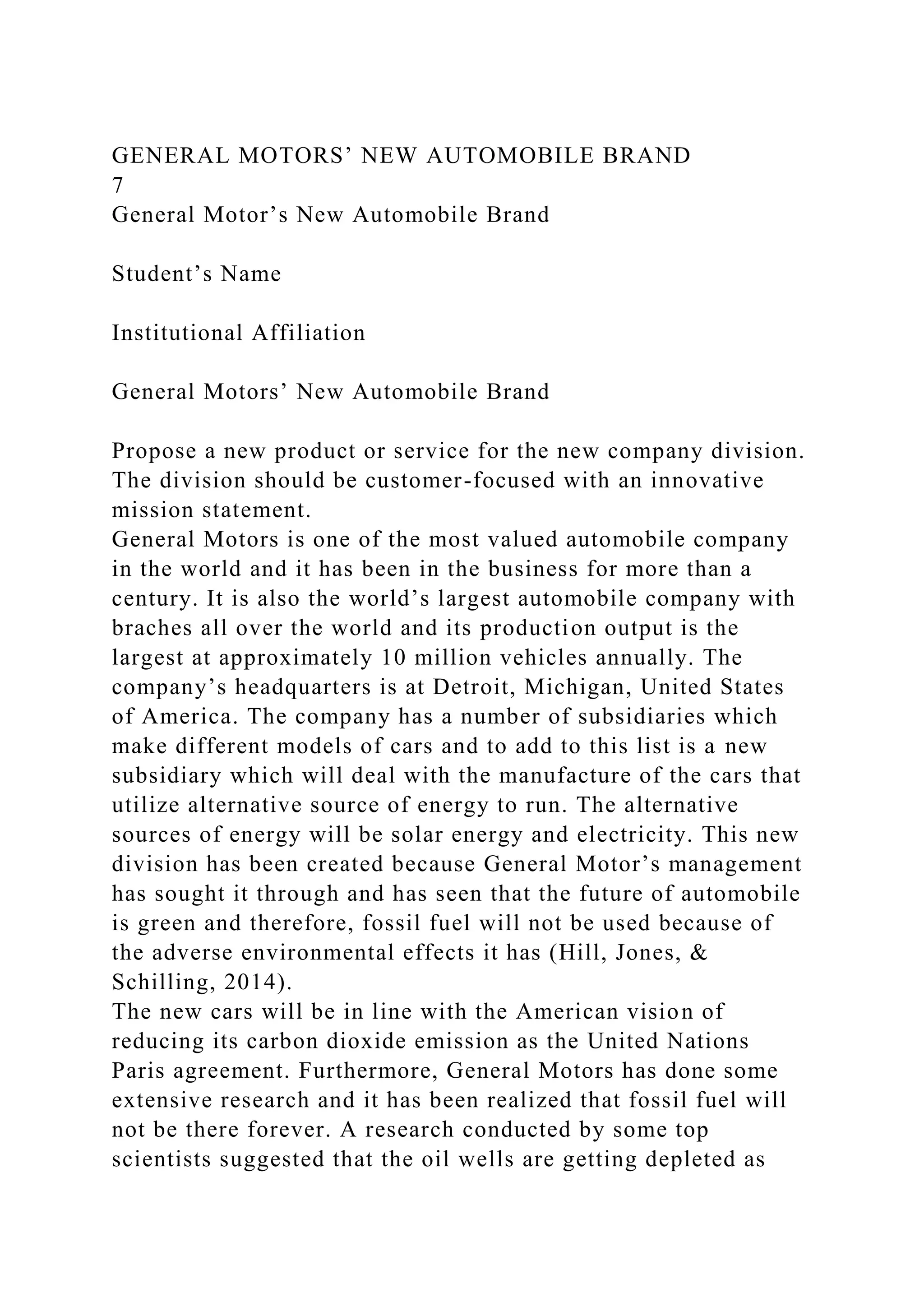 Running head SWOT ANALYSIS OF GENERAL MOTORS’ NEW DIVISION .docx