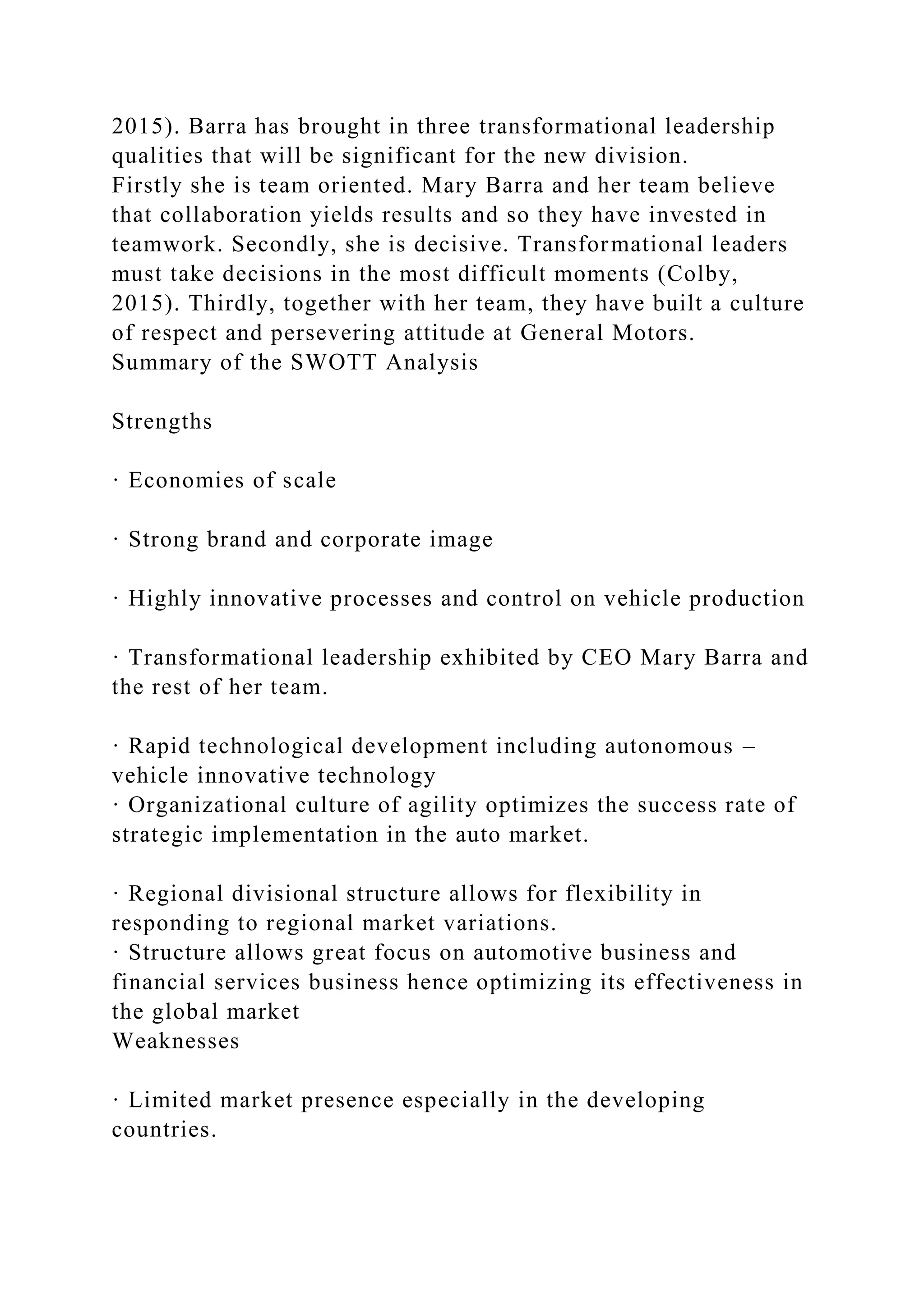 Running head SWOT ANALYSIS OF GENERAL MOTORS’ NEW DIVISION .docx