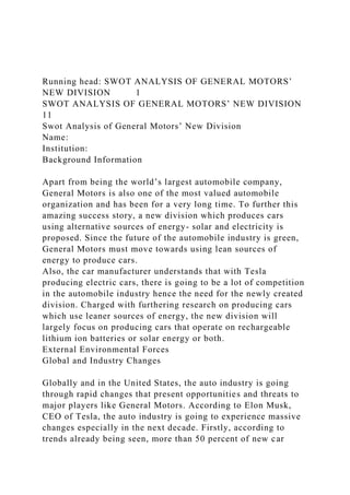 Running head SWOT ANALYSIS OF GENERAL MOTORS’ NEW DIVISION .docx