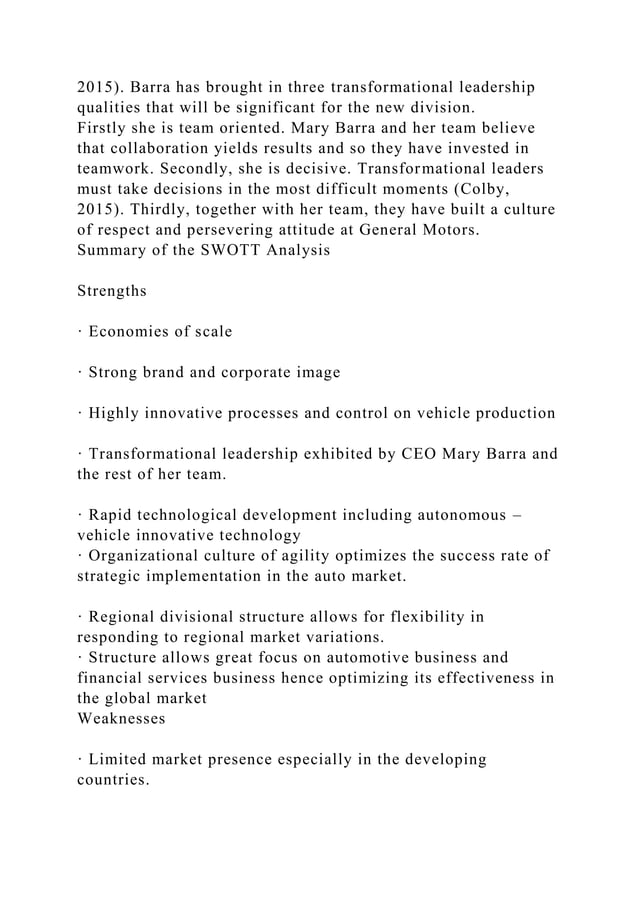 Running head SWOT ANALYSIS OF GENERAL MOTORS’ NEW DIVISION .docx