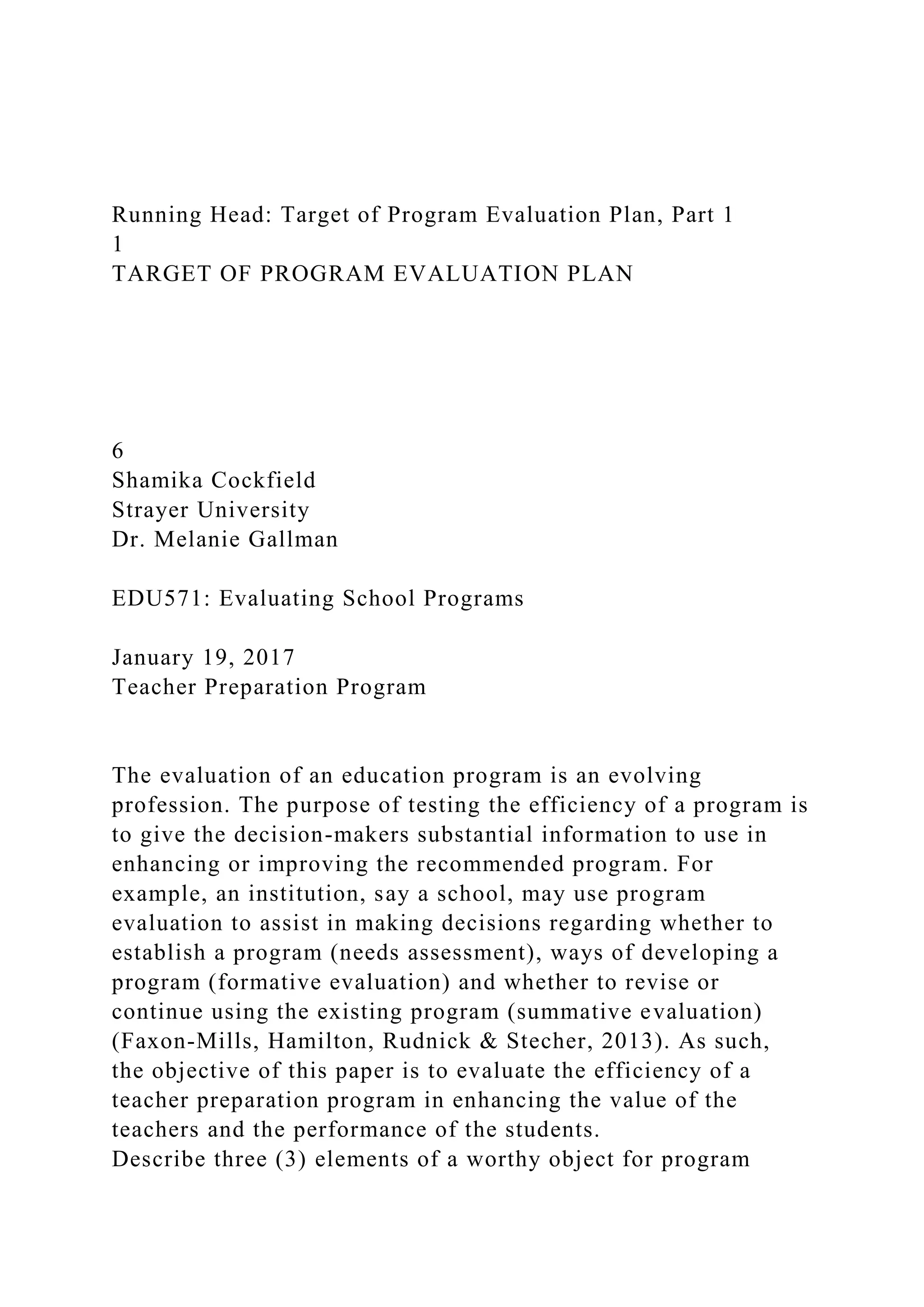 Running Head Target of Program Evaluation Plan, Part 11TARG.docx