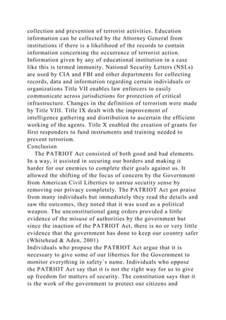 Running Head THE PATRIOT ACT OF THE USTHE PATRIOT ACT OF THE .docx