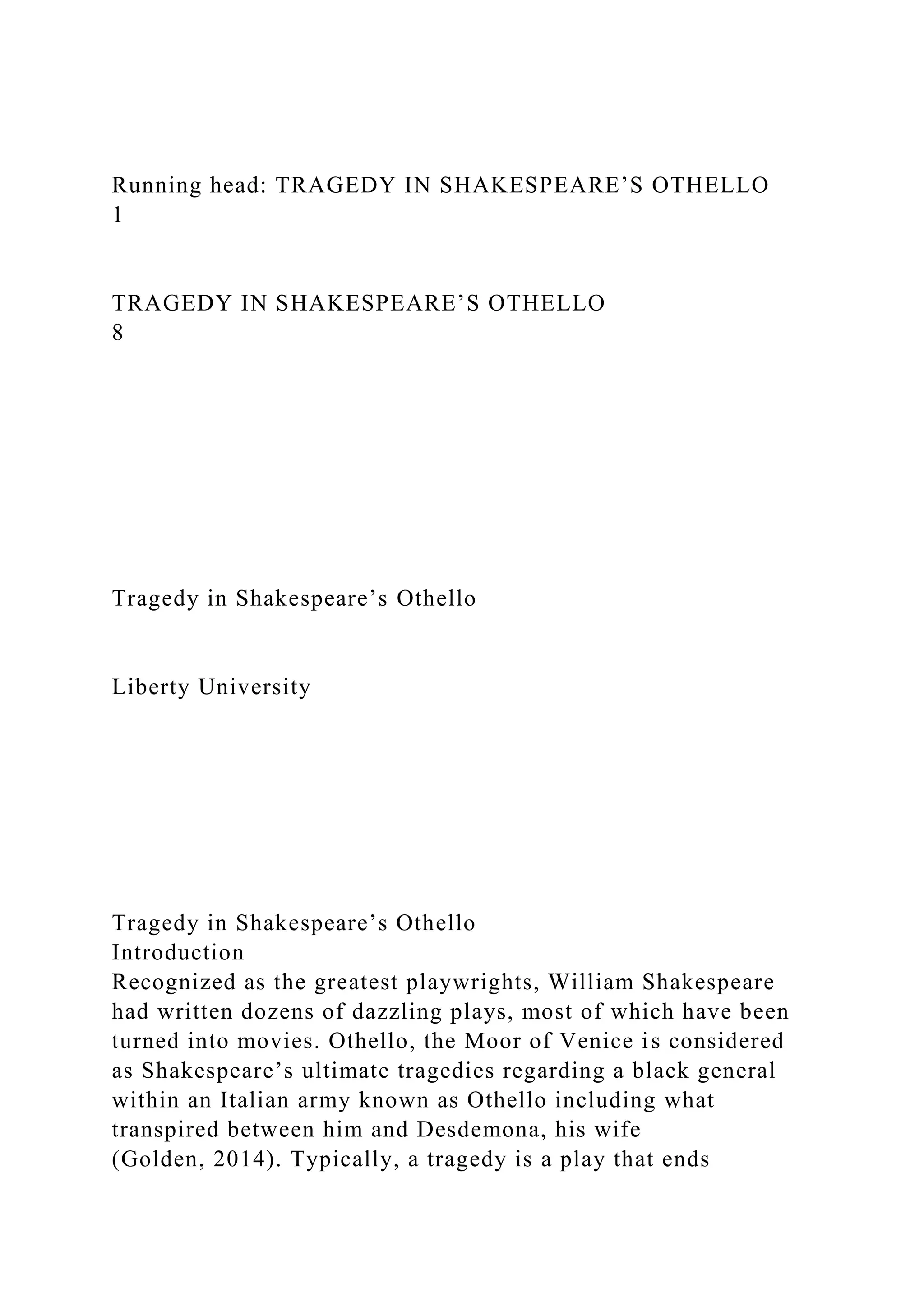 Running head TRAGEDY IN SHAKESPEARE’S OTHELLO .docx