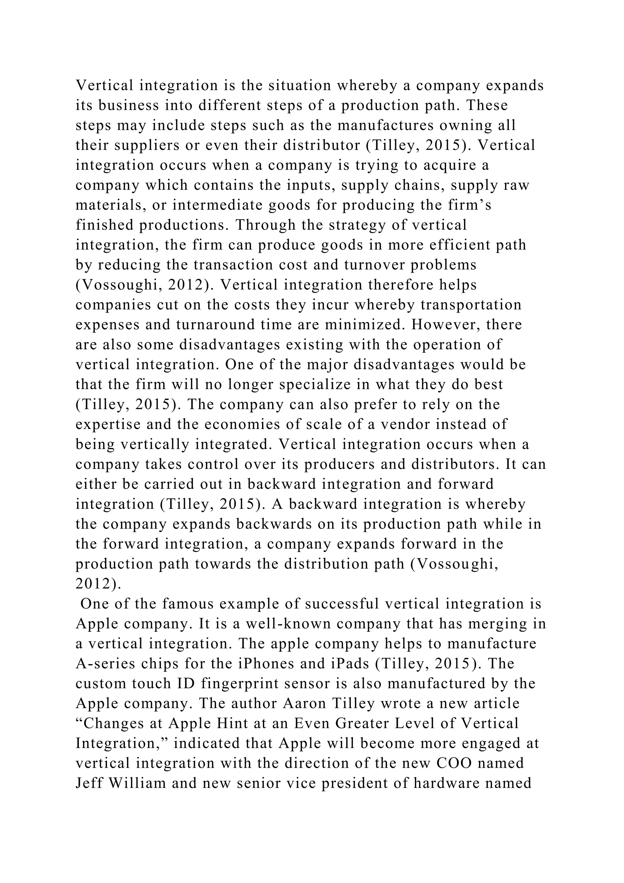 Running head VERTICAL INTEGRATION Vs HORIZONTAL INTEGRATION .docx