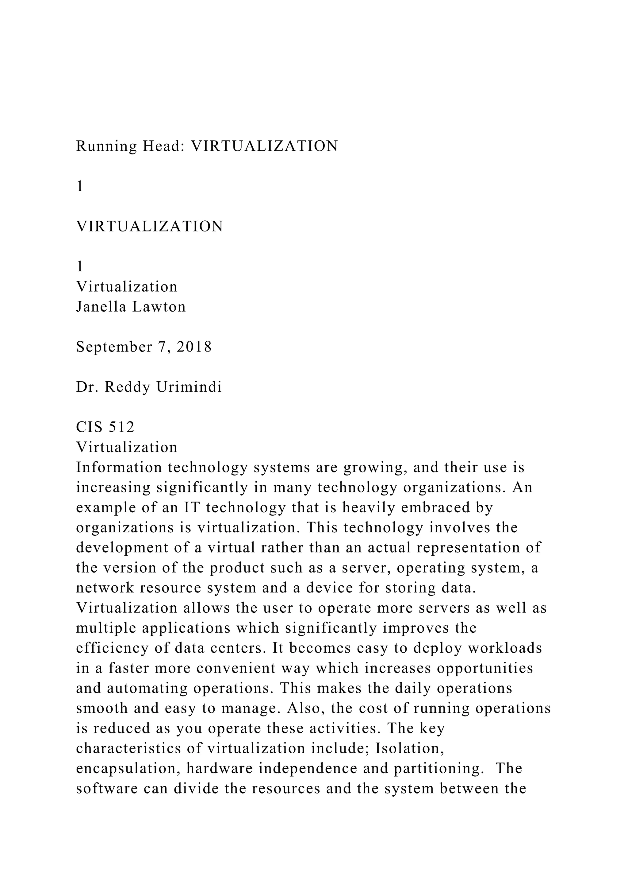Running Head VIRTUALIZATION 1VIRTUALIZATION 1Virt.docx