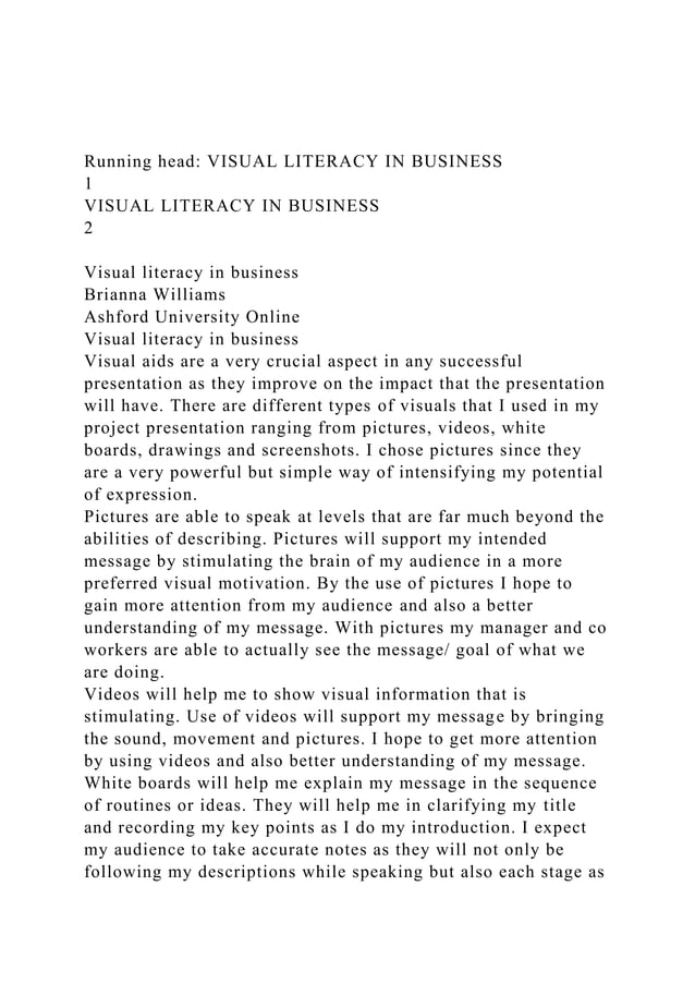 Running head VISUAL LITERACY IN BUSINESS .docx