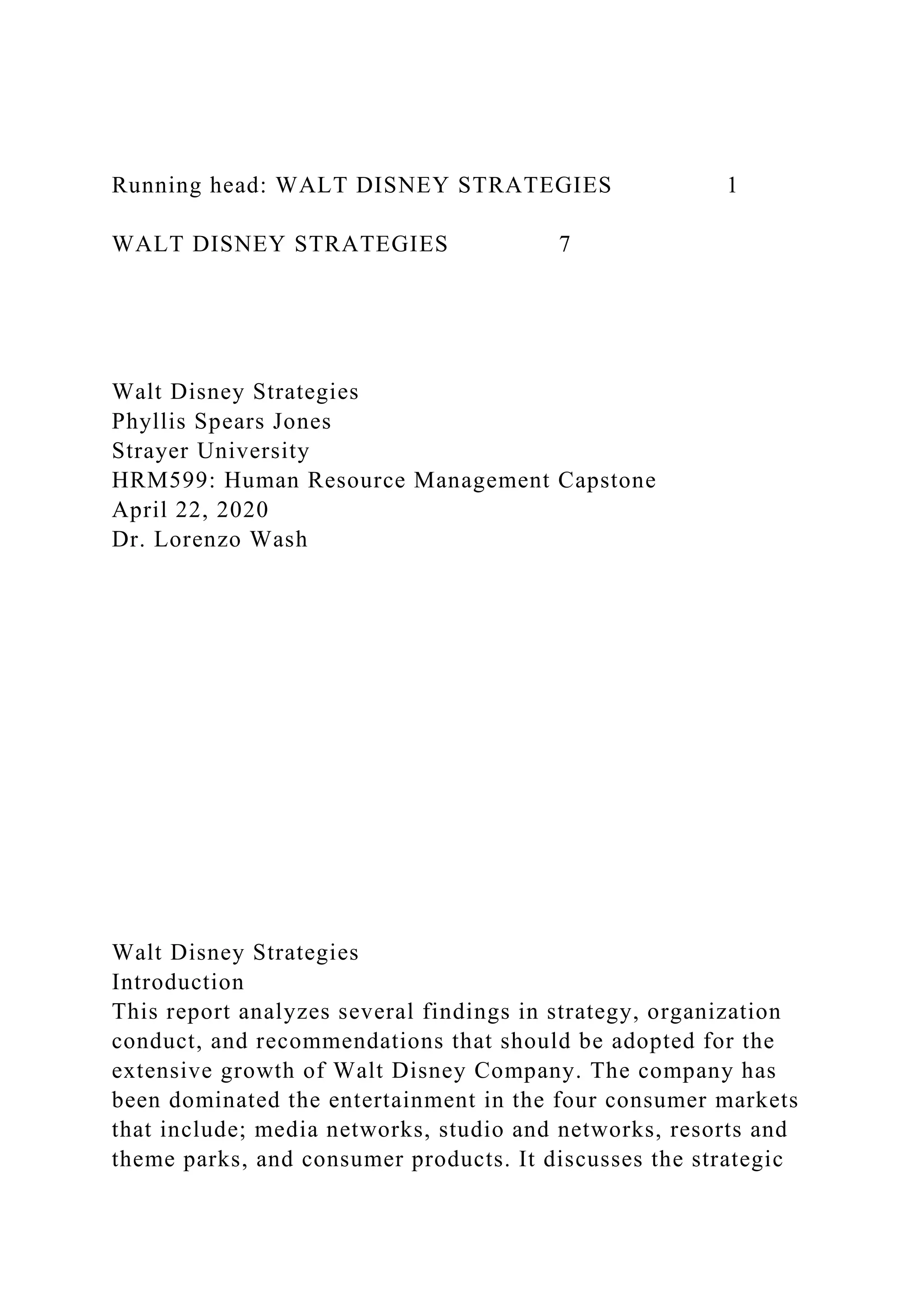 Running head WALT DISNEY STRATEGIES 1WALT DISNEY STRATEGIES.docx