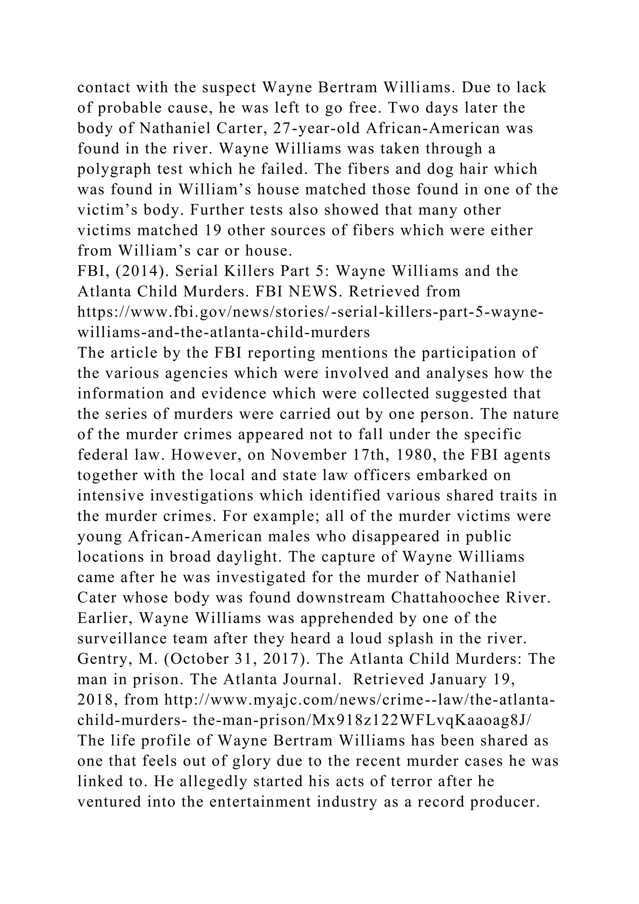 Running head WAYNE WILLIAMS MURDER CASE ANNOTATED BIBLIOGRAPHY .docx
