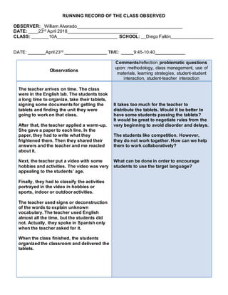 Running record of the class observed | DOCX