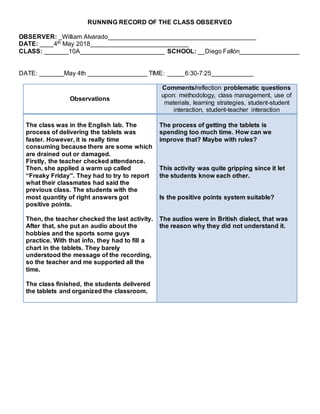 Running record of the class observed | DOCX