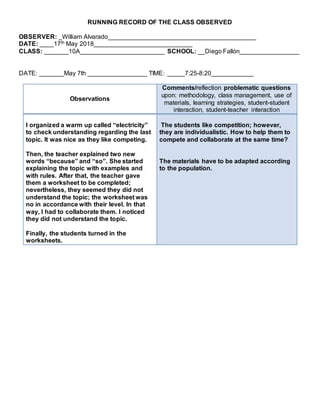 Running record of the class observed | DOCX