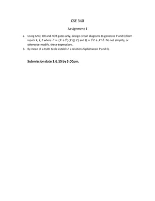CSE 340 Assignment 1: Logic Gates for P=(X+Y')(Y⊕Z) and Q=Y'Z+XYZ | PDF
