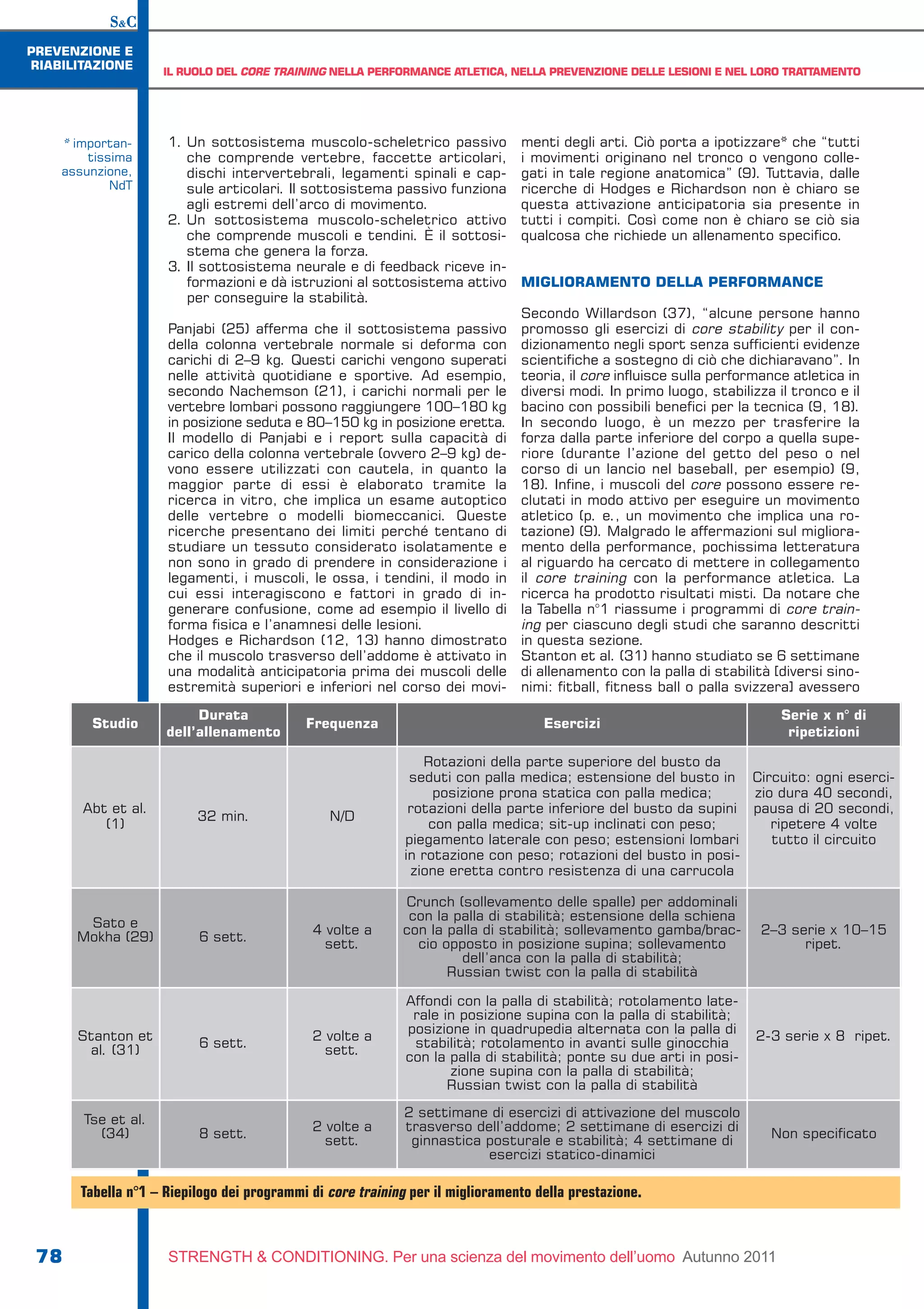 Ruolo core training performance atletica prevenzione lesioni | PDF
