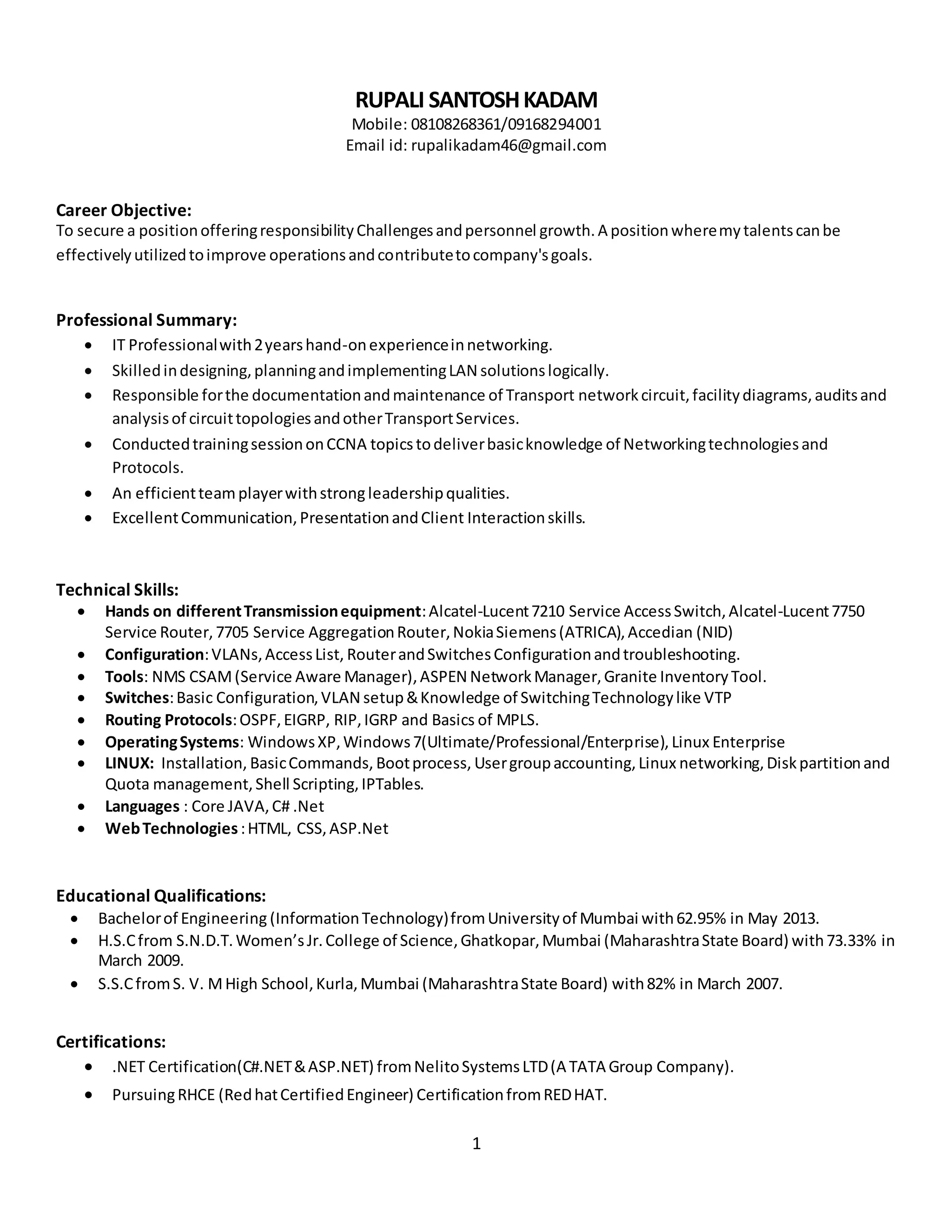 Rupali kadam resume | DOCX | Computer Networking | Computing
