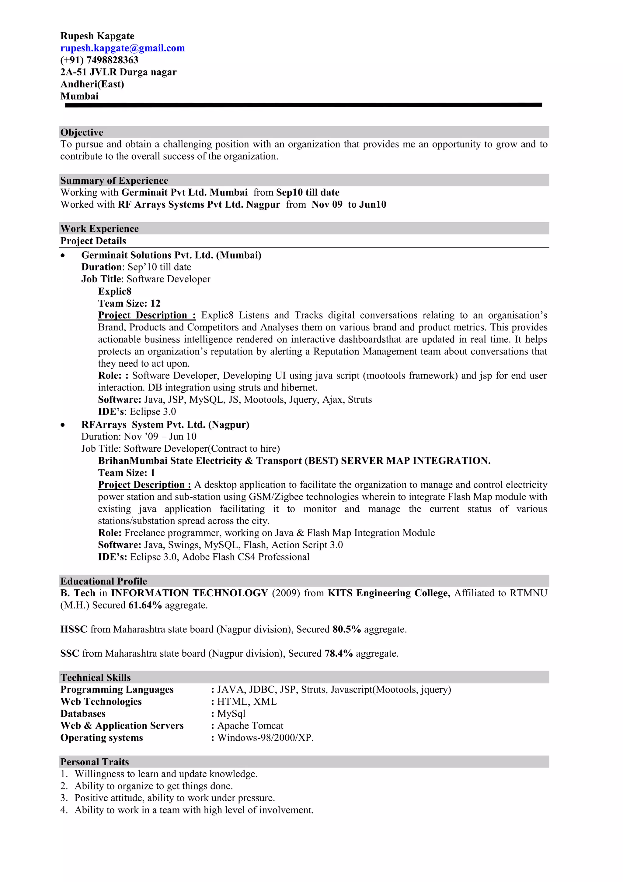 Rupesh BE 2.5year_exp Resume | PDF