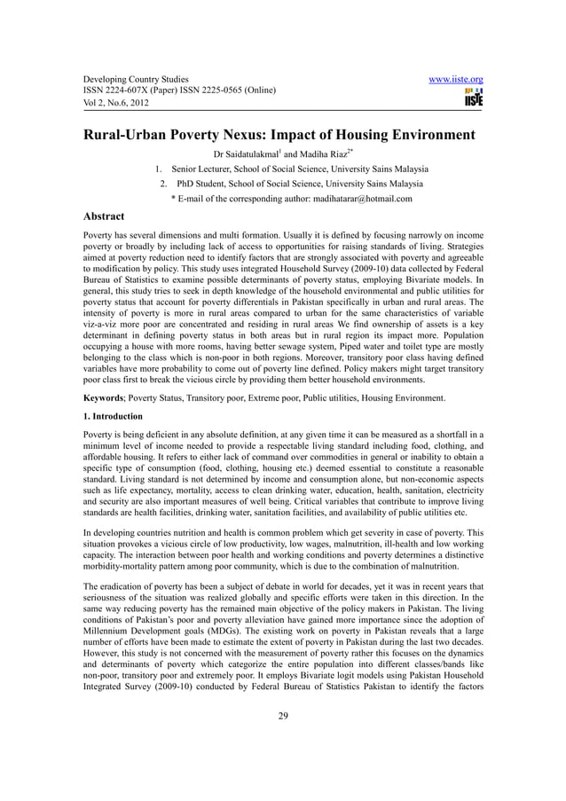 Rural urban poverty nexus impact of housing environment | PDF ...