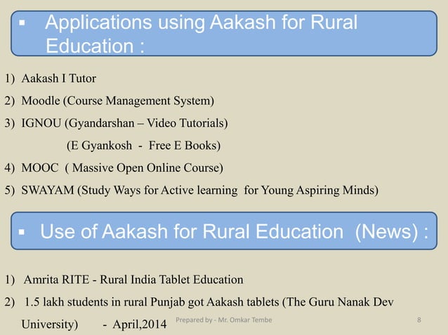 Rural Education Using Akash Tablet | PPT