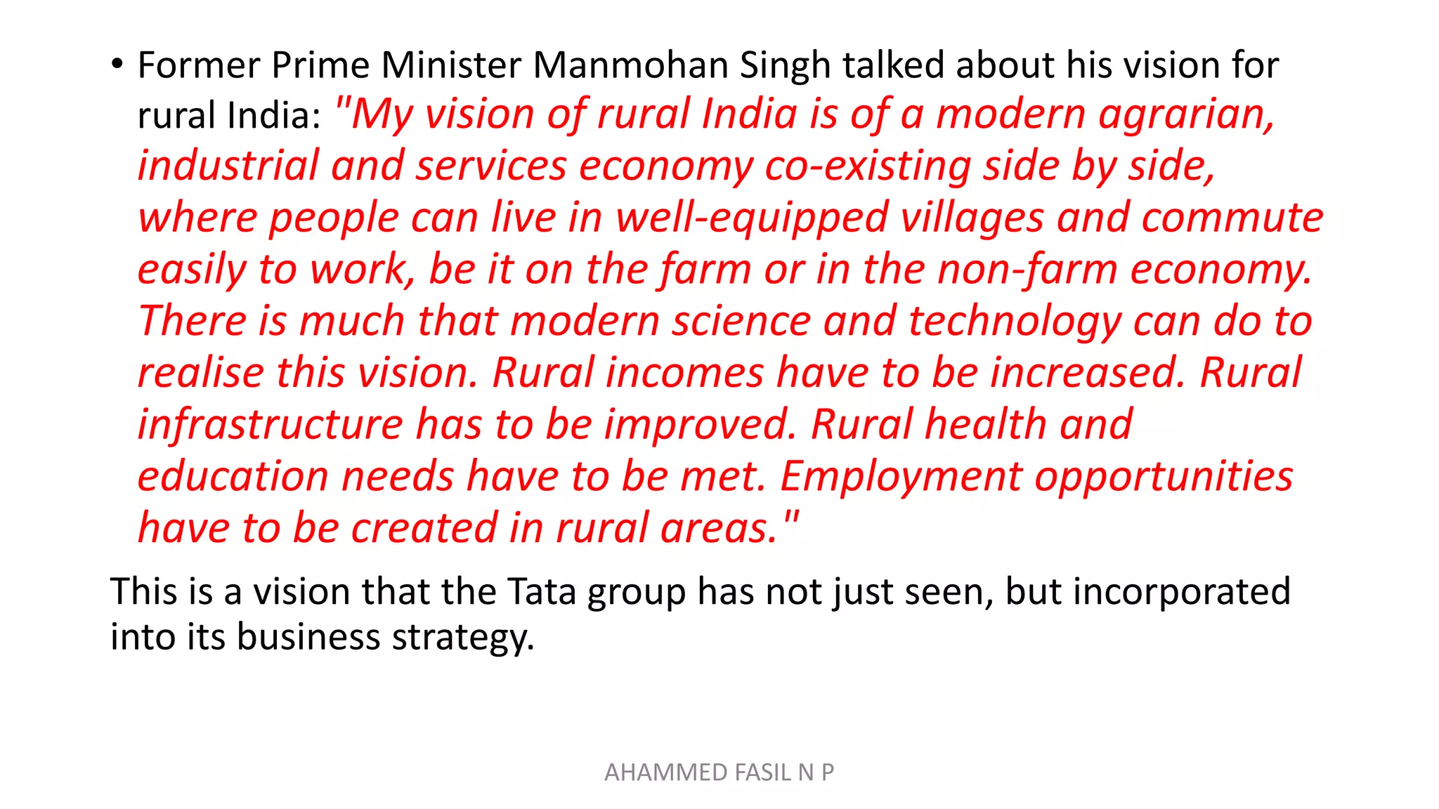 Rural marketing initiatives by TATA by Ahammed Fasil N P DCSMAT | PPT