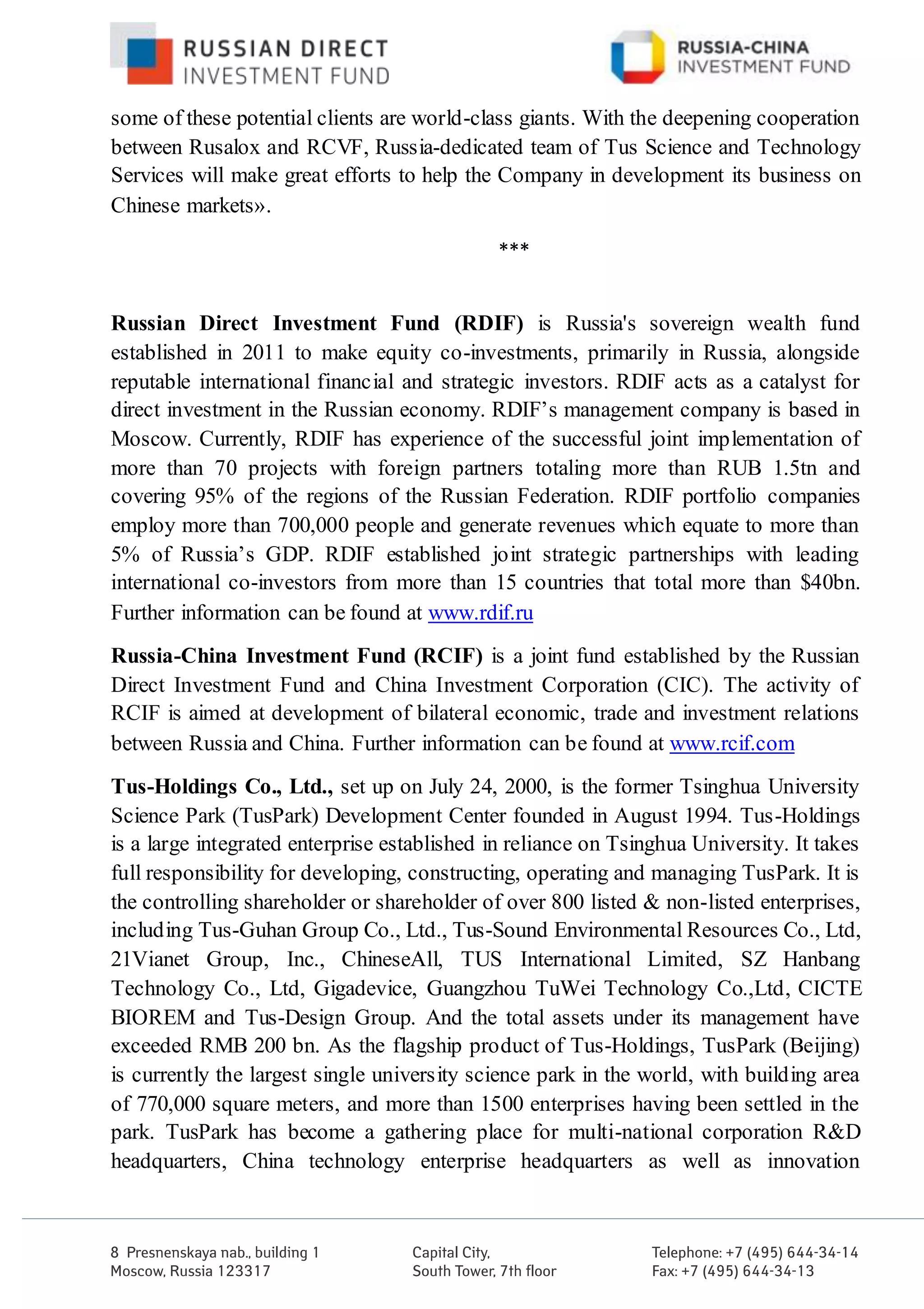 RCVF announce their first investment to support the Russian substrate ...