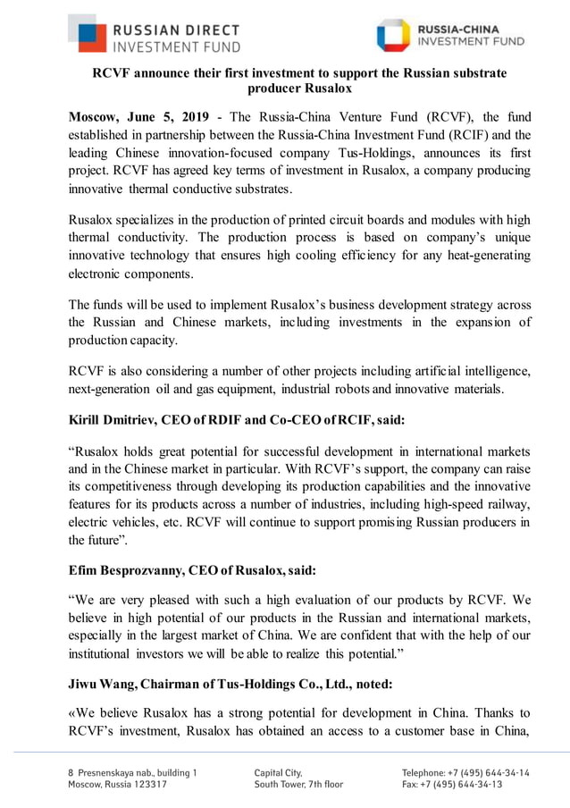 RCVF announce their first investment to support the Russian substrate ...