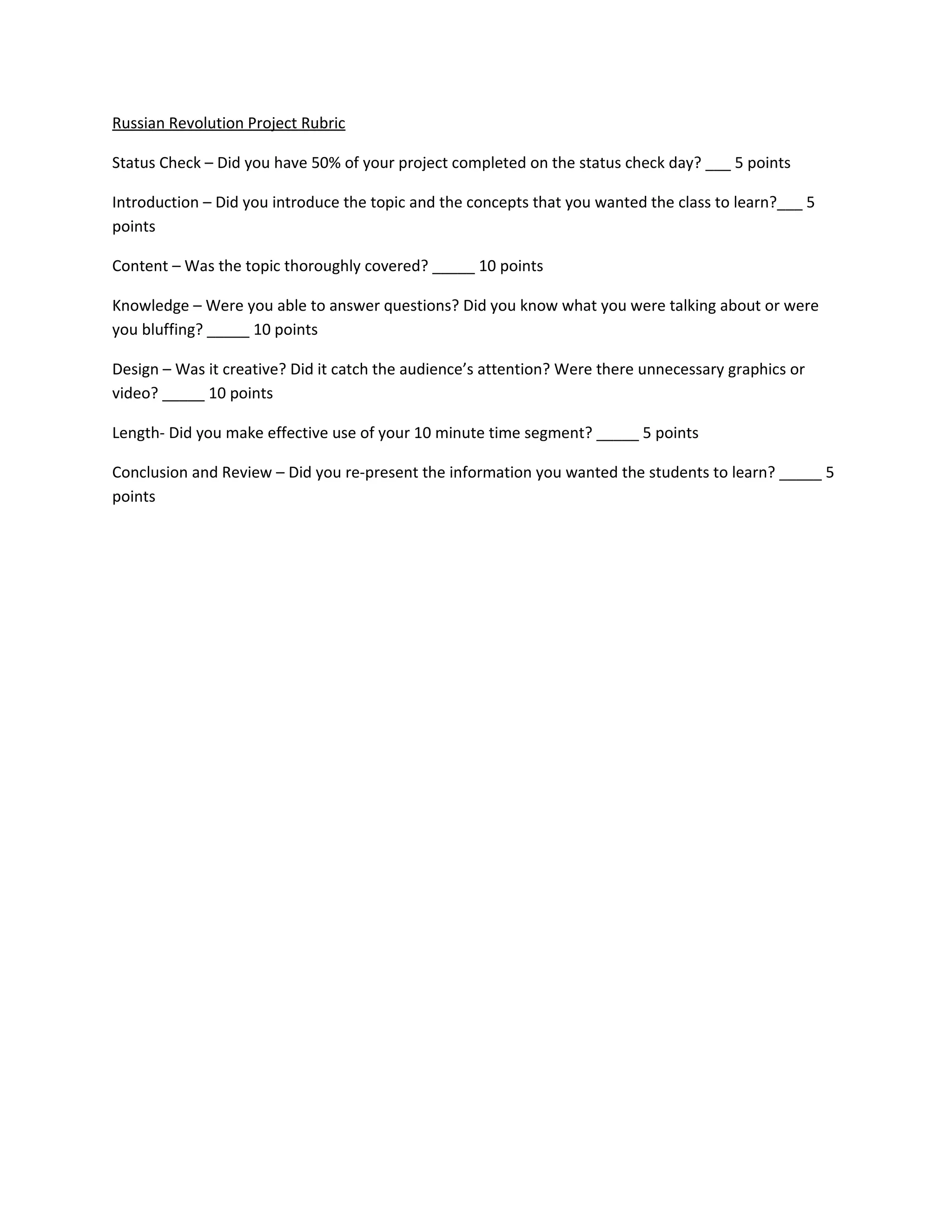 Russian Revolution Project Rubric | DOC