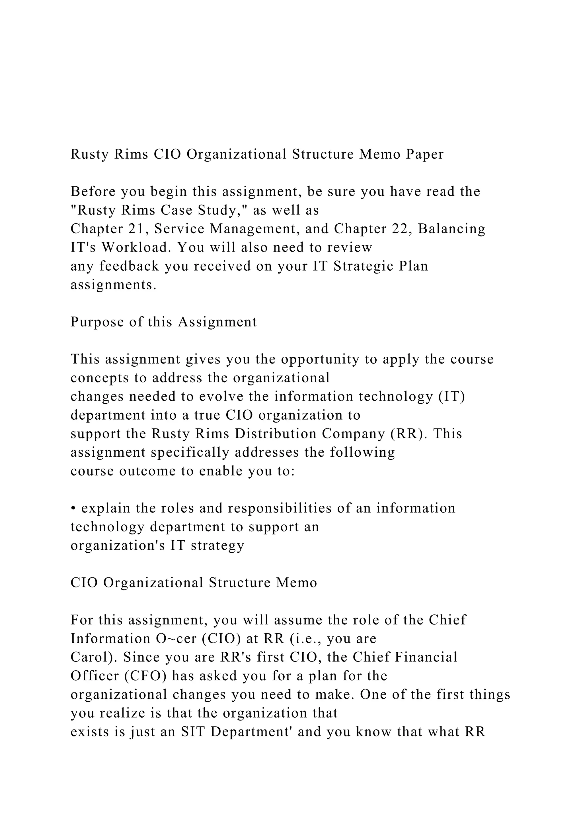 Rusty Rims CIO Organizational Structure Memo PaperBefore y.docx ...