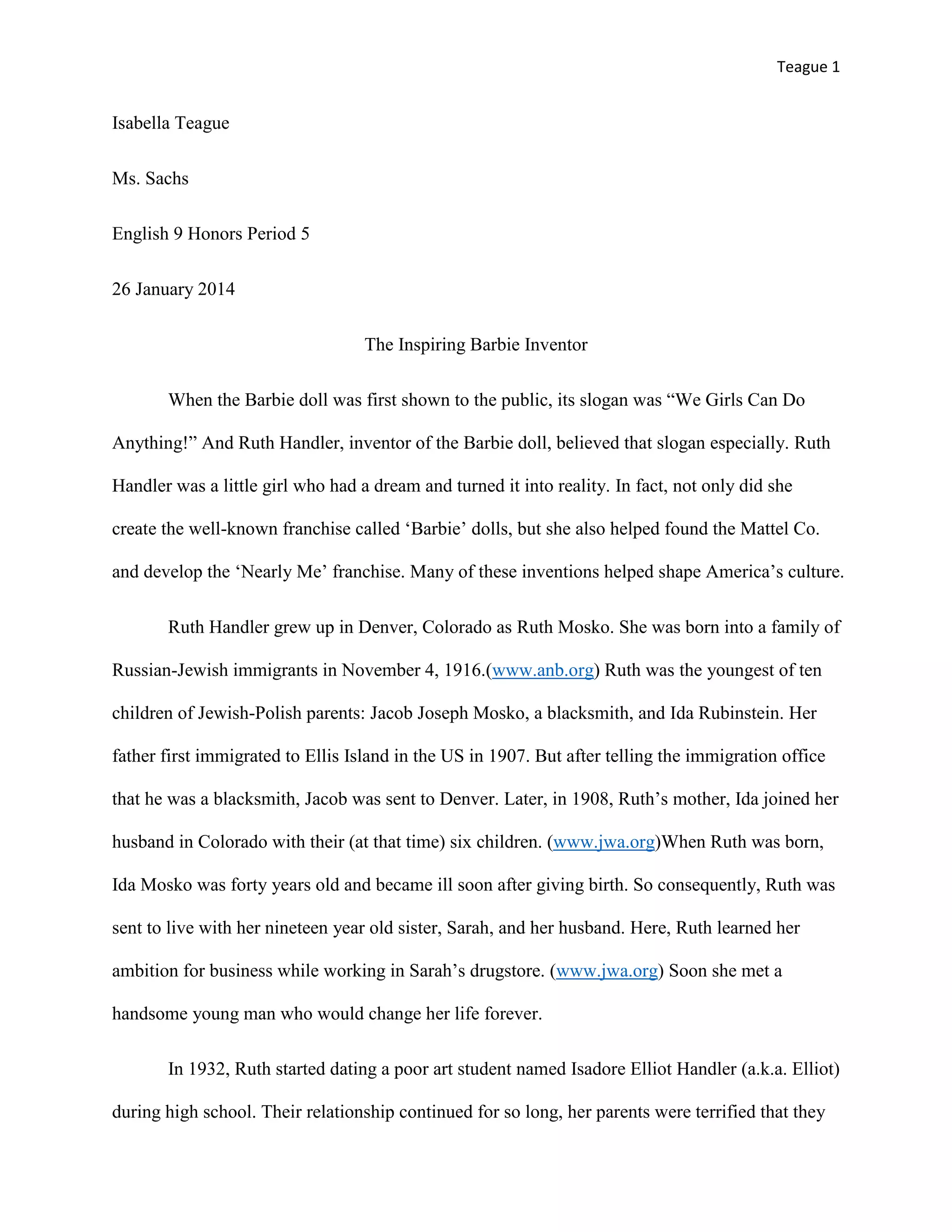 Ruth handler barbie inventor | DOCX