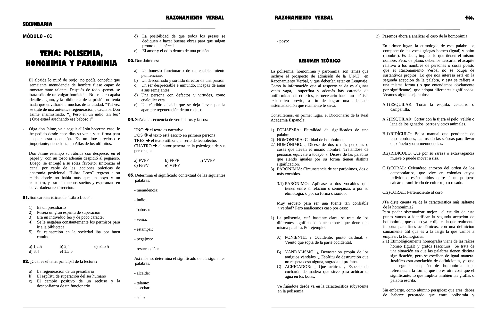 Ficha de Trabajo de Razonamiento Verbal I Bimestre - 4º Secundaria | DOC