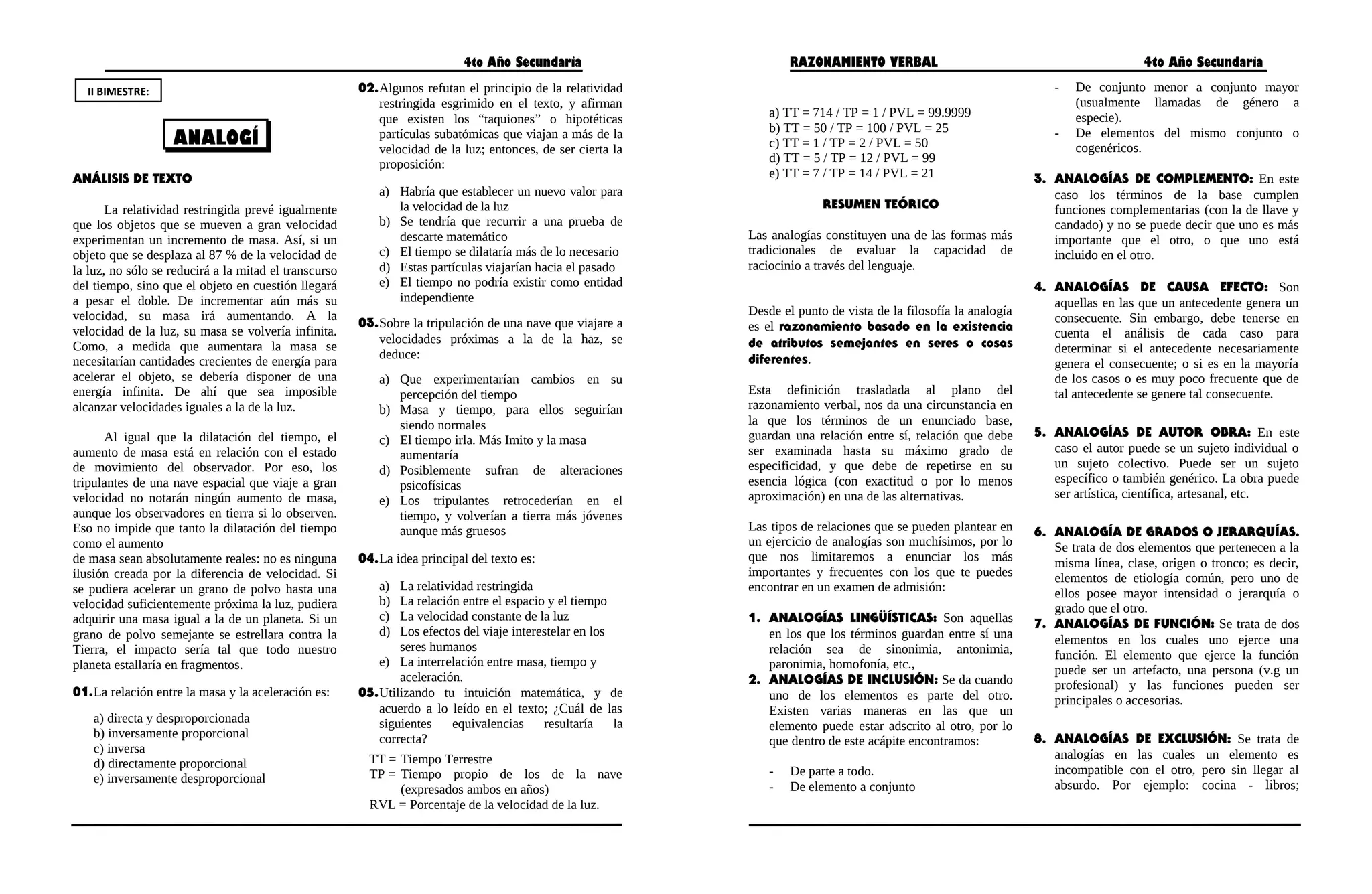 Ficha de Trabajo de Razonamiento Verbal - II Bimestre 4º Secundaria | DOC