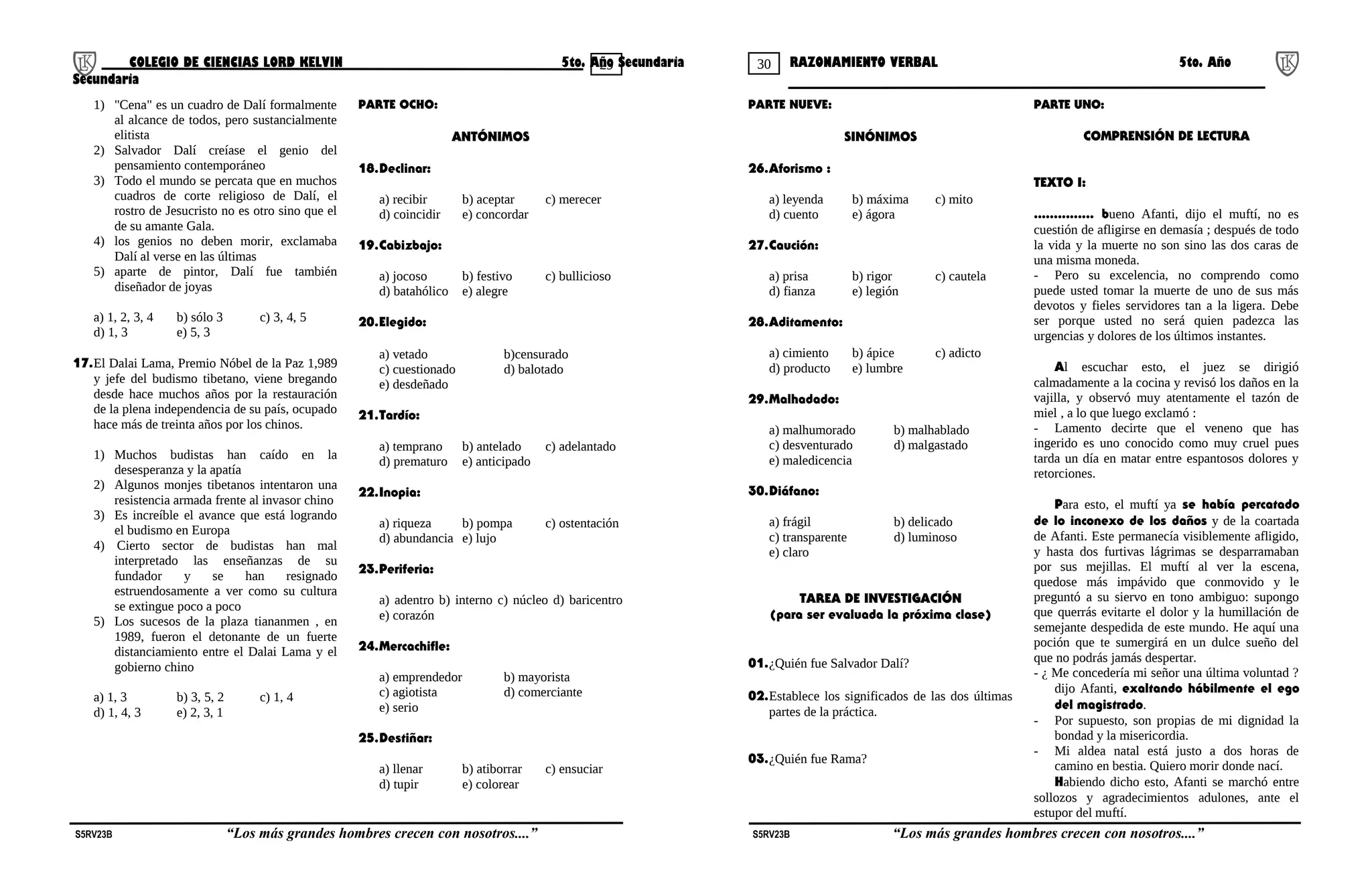 Ficha de Trabajo de Razonamiento Verbal - III Bimestre 5º Secundaria | DOC