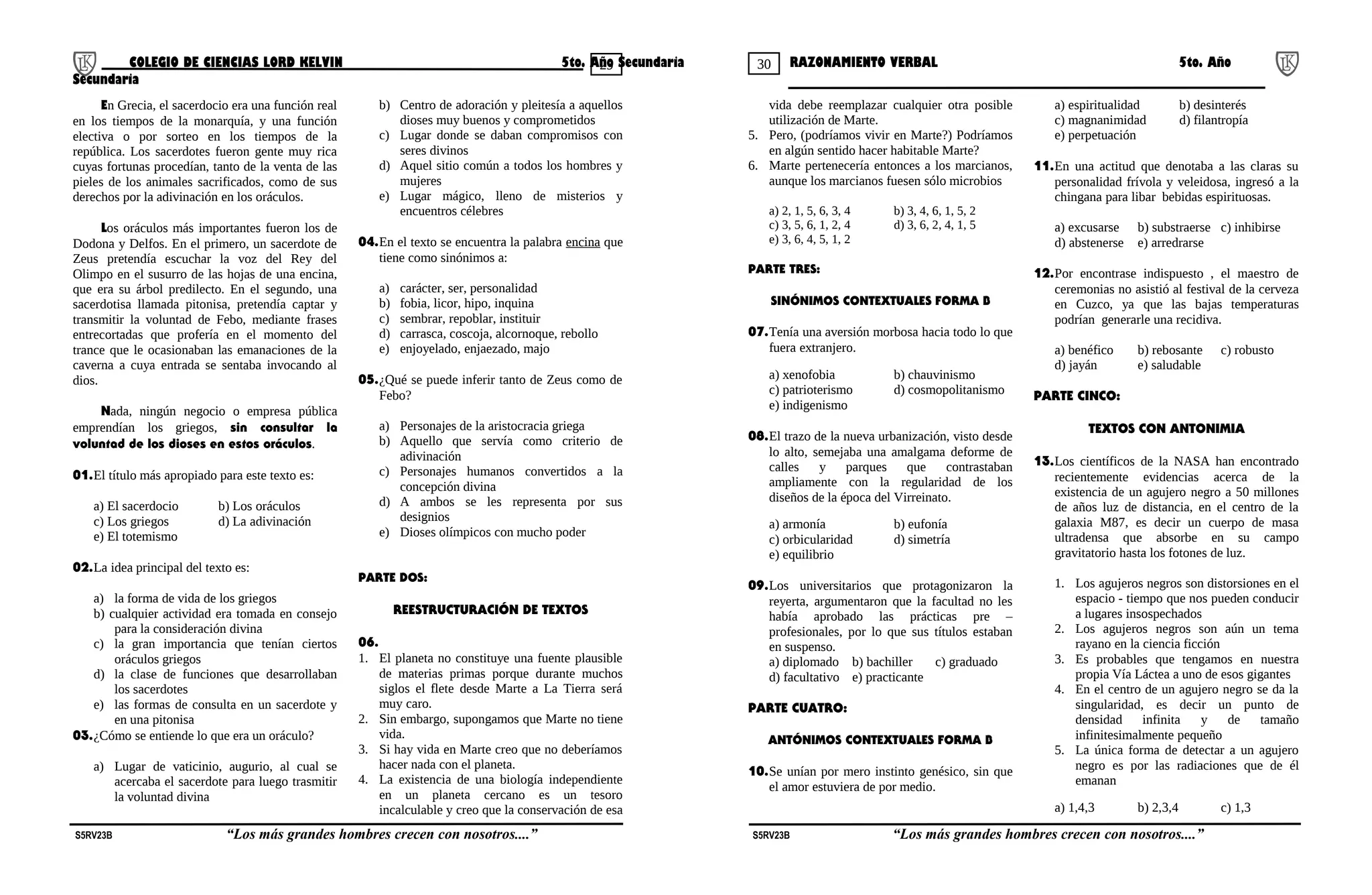Ficha de Trabajo de Razonamiento Verbal - III Bimestre 5º Secundaria | DOC