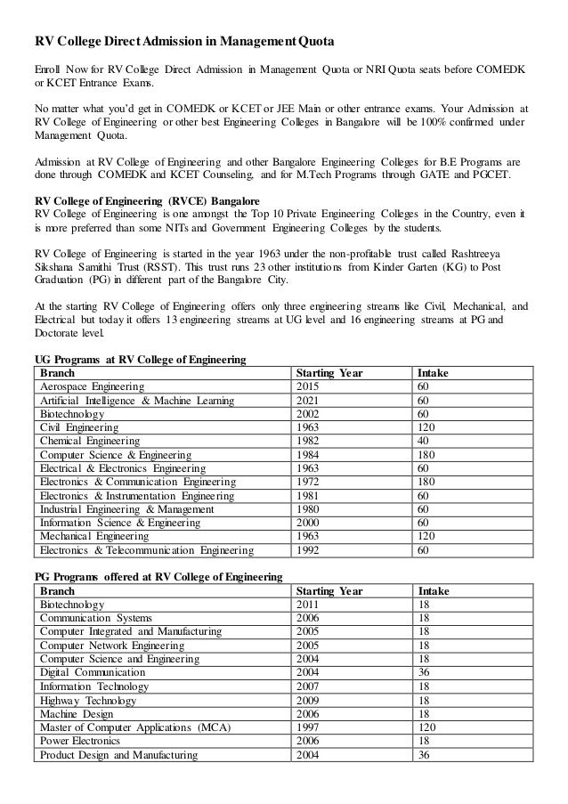 RV College Direct Admission in Management Quota | DOCX | College ...