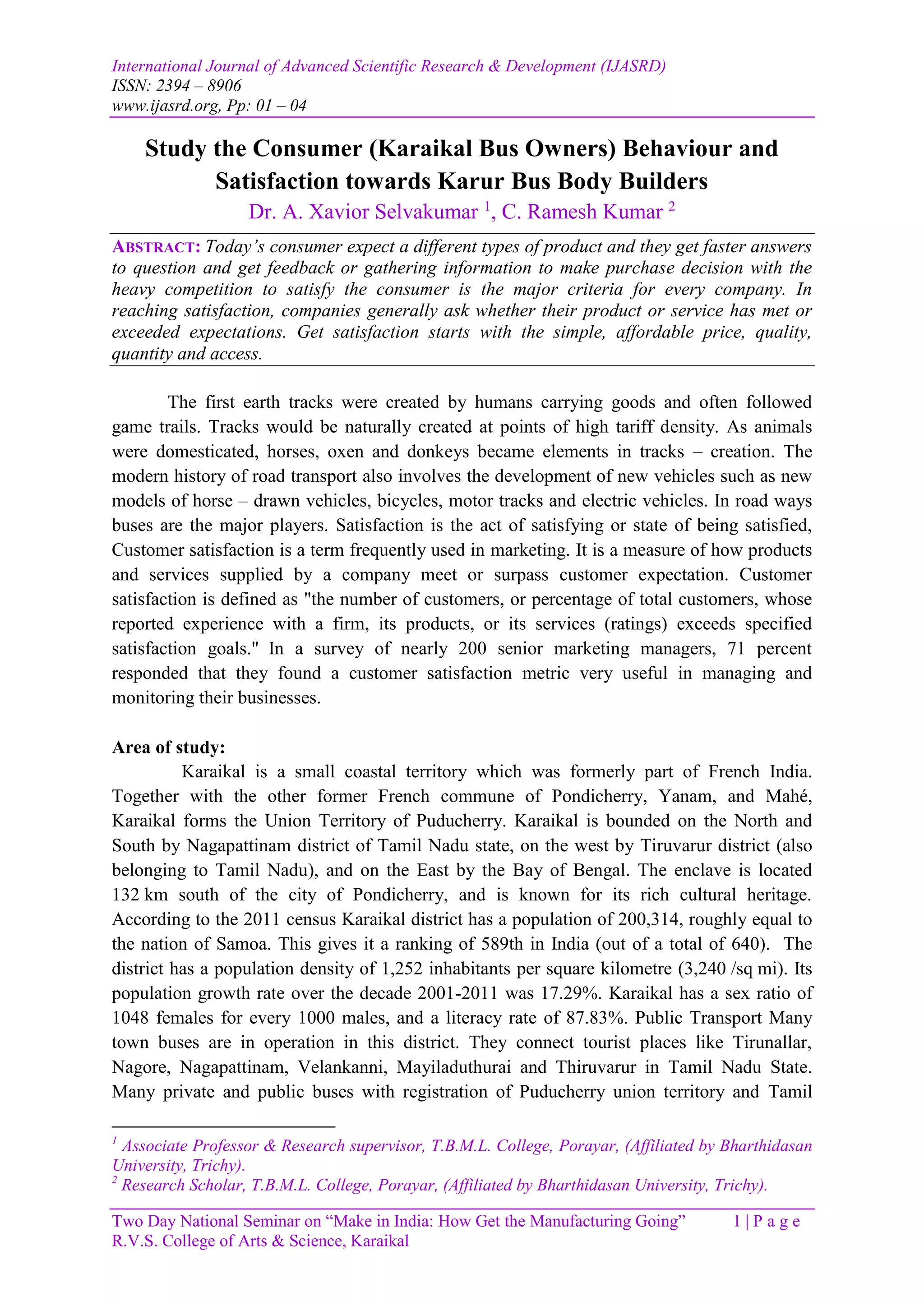 Study the Consumer (Karaikal Bus Owners) Behaviour and Satisfaction towards Karur Bus Body ...