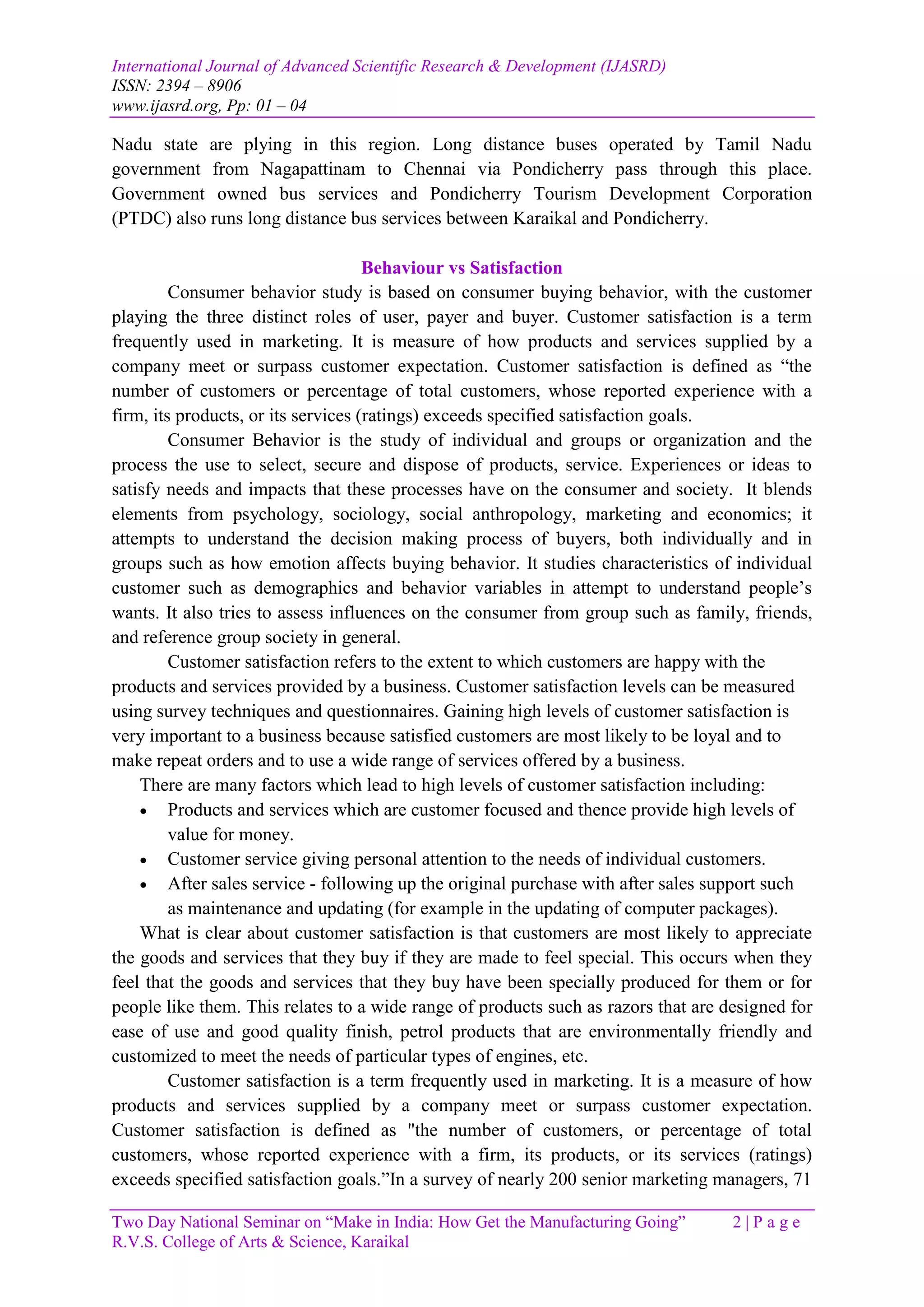 Study the Consumer (Karaikal Bus Owners) Behaviour and Satisfaction towards Karur Bus Body ...